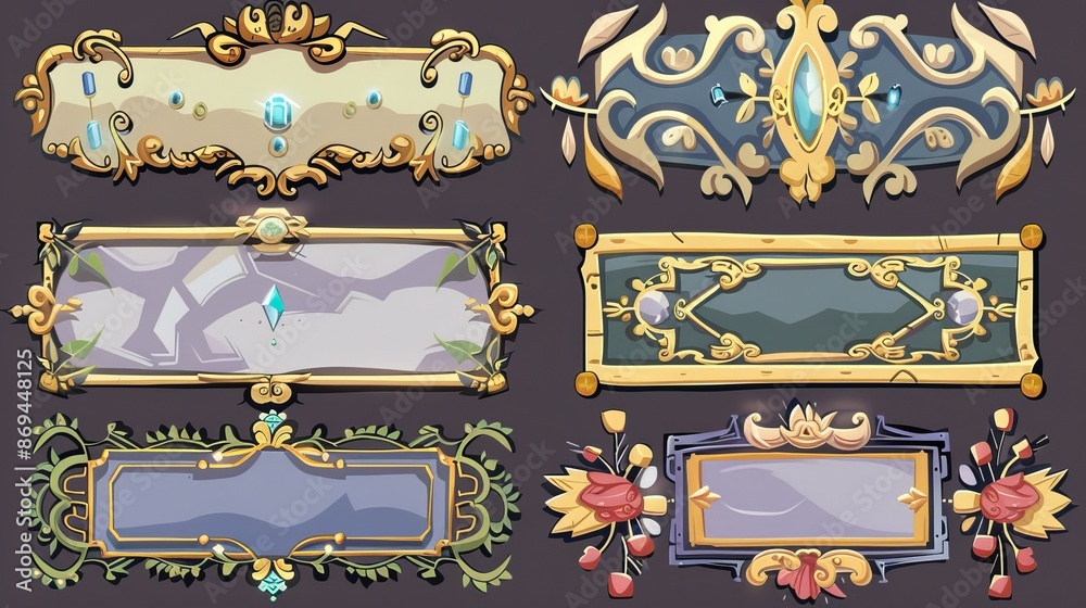 For UI design in games, empty rectangle frames in medieval style. A ...