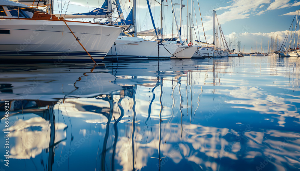 Picture of row of luxury sailboats reflected in water, yacht port on ...