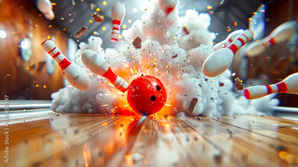 Dynamic bowling strike with vibrant red ball crashing into pins ...