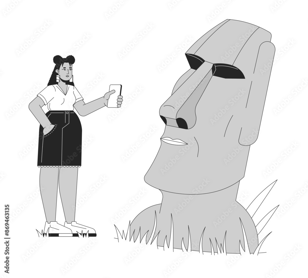 Curvy latina tourist taking photo of moai statue black and white 2D ...