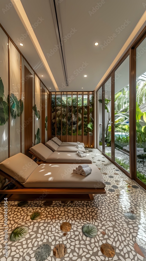 Modern spa relaxation room with comfortable lounge chairs and large ...