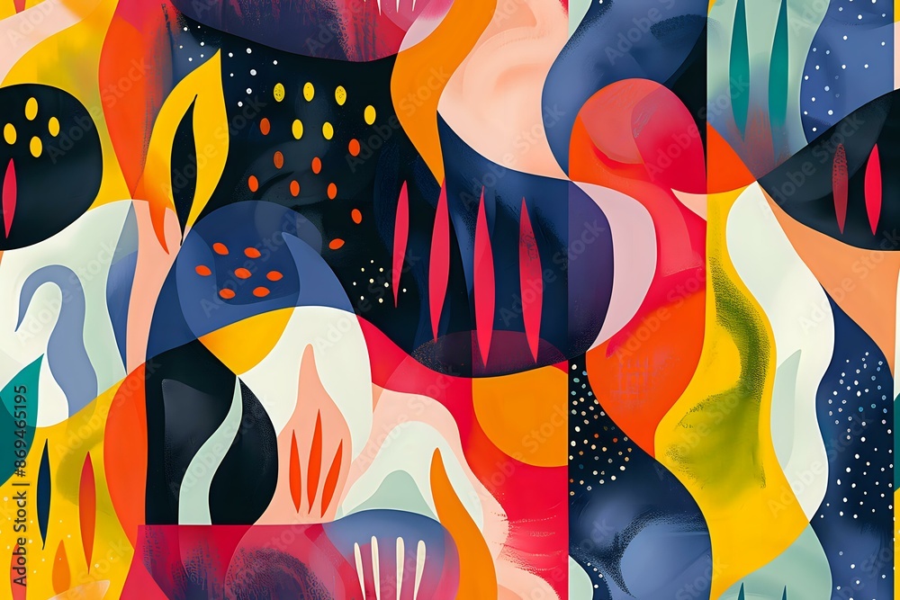 Vibrant abstract art featuring a mix of bold colors and organic shapes ...