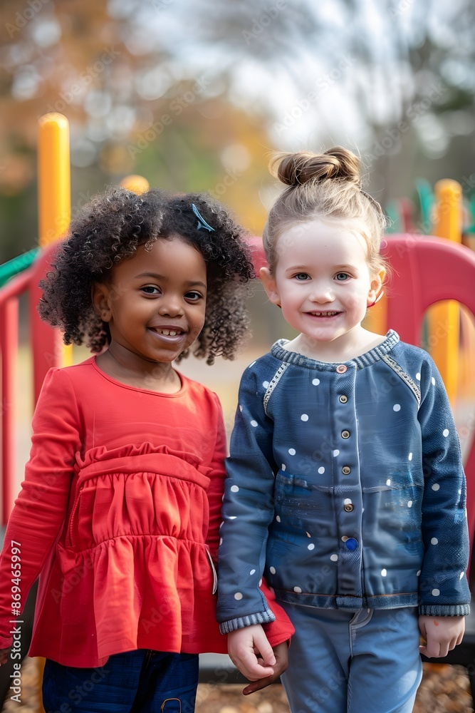 Two children of different races holding hands and smiling in a ...