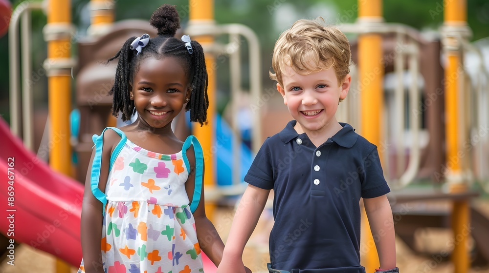 Two children of different races holding hands and smiling in a ...