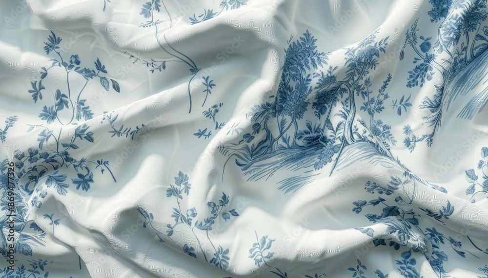 Elegant blue and white toile fabric featuring intricate patterns of ...