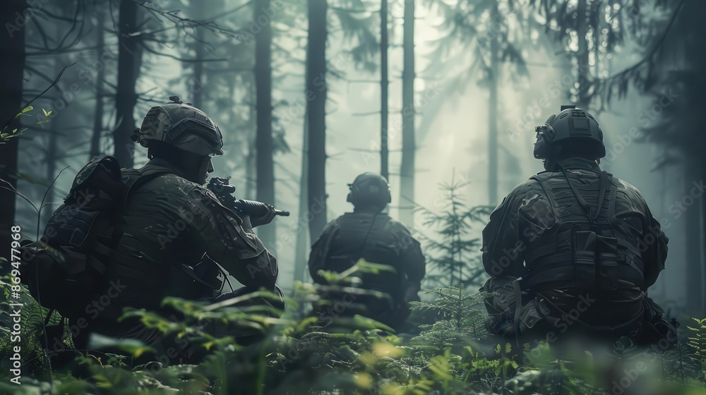 tense soldiers crouched in misty forest strategizing defense ...