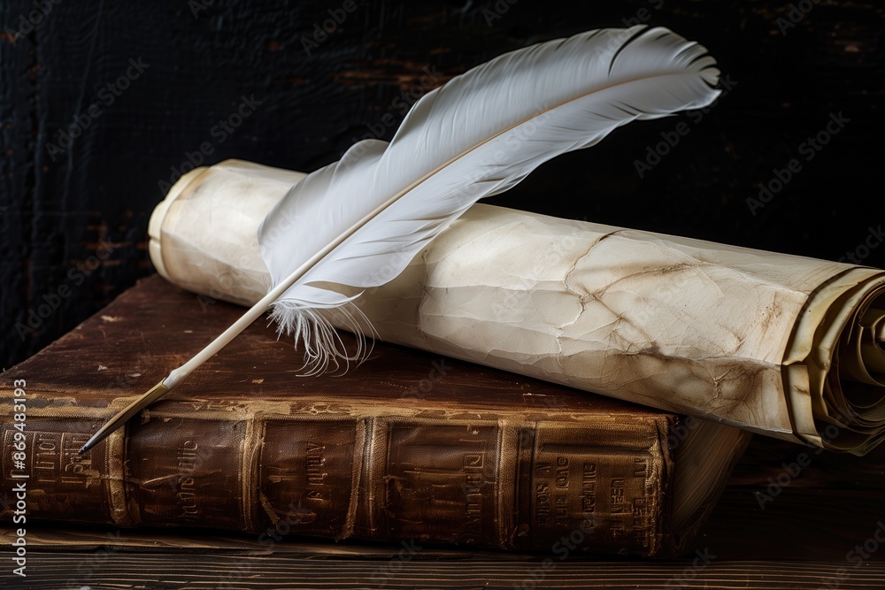 Vintage scroll and quill pen on top of old books with dark background ...