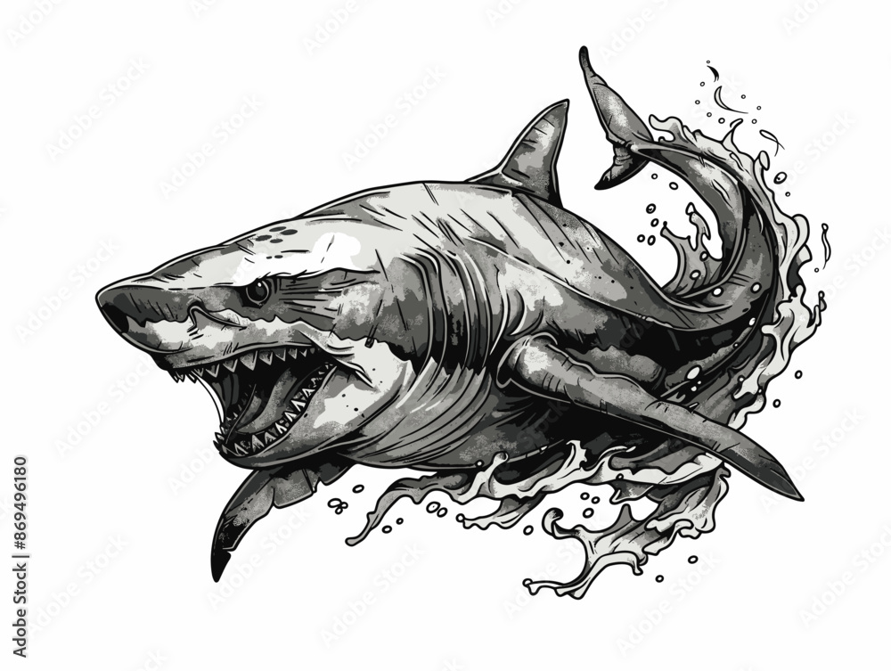 A shark is shown in a black and white drawing with its mouth open and ...