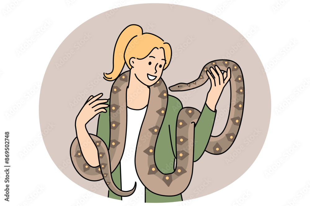 Woman with long snake around neck smiles enjoying communication with ...