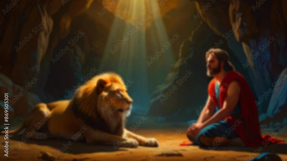 This is a painting of Daniel in the lion's den. Daniel is kneeling with ...