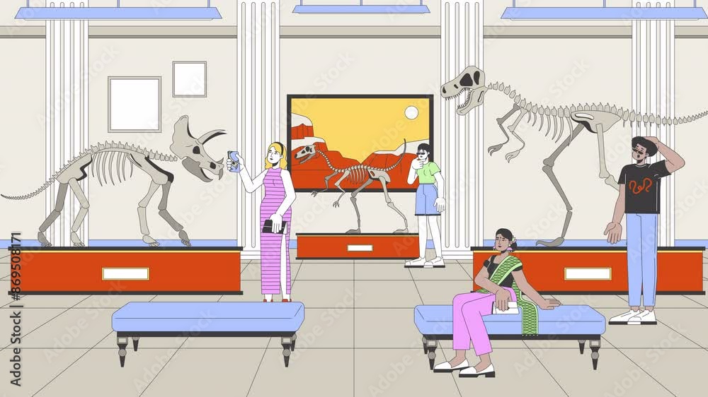 Dinosaur exhibit on tour line cartoon animation. Visit natural history ...