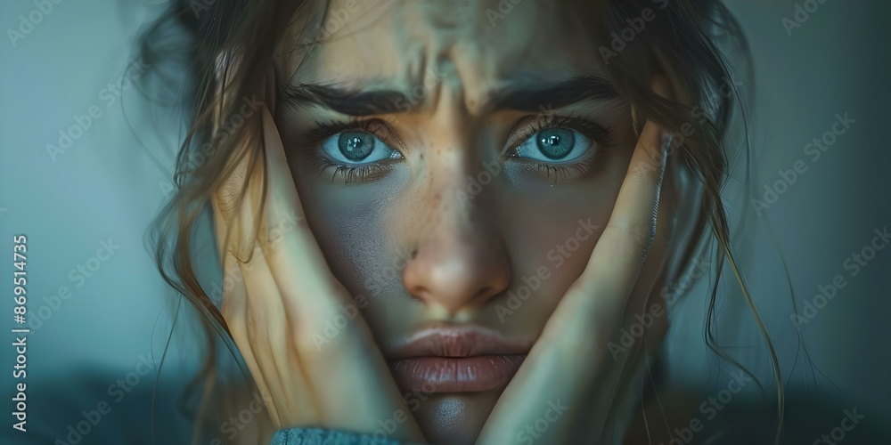 A woman with a distressed expression covering her face symbolizing ...