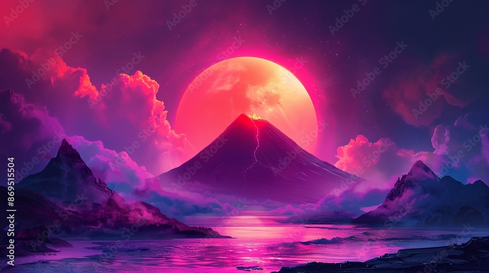 Fairy tale setting with a volcano erupting lava, AI monitoring dolphins ...