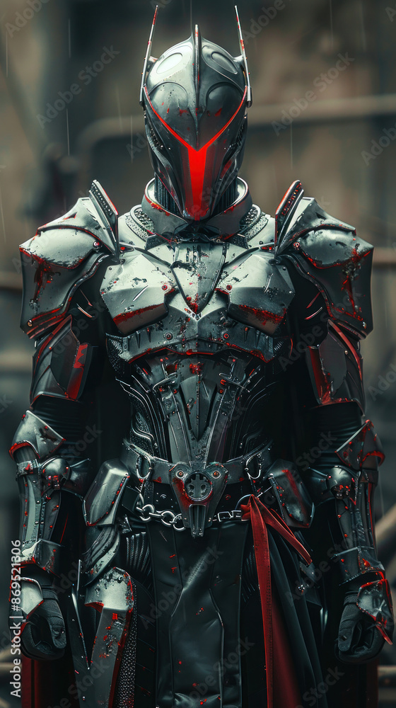 woman in epic armor standing facing forward against a dark background ...