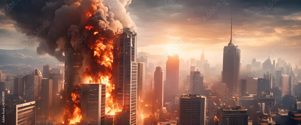 Collapsing Skyscrapers Apocalyptic Scene Fire Explosions in Modern City ... Collapsing Skyscrapers Apocalyptic Scene Fire Explosions in Modern City ...