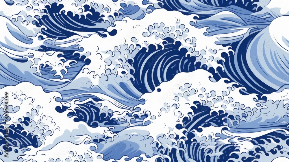Seamless pattern of Japanese Great Wave, ocean waves in Ukiyo-e style ...