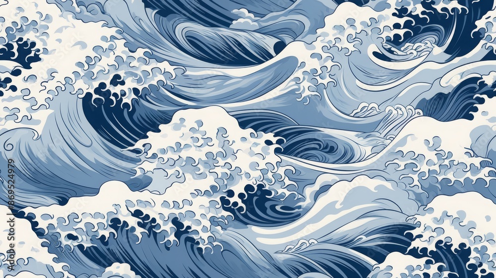Seamless pattern of Japanese style waves, Ukiyo-e art, Traditional ...