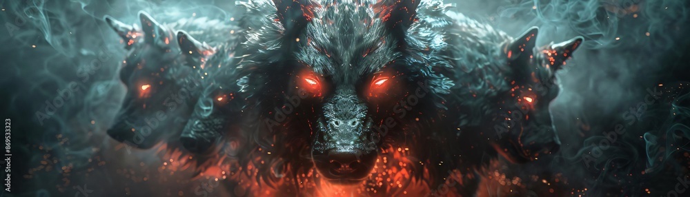 Digital fantasy art of a menacing three-headed beast with glowing red ...