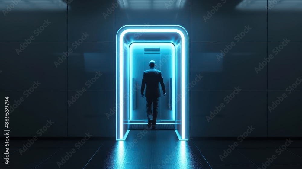 Commuters step through a sleek teleport gate, instantly arriving at ...