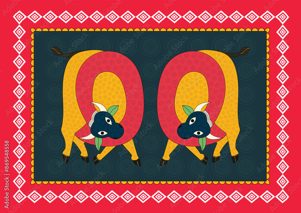 Dance of the Horns: A Vibrant Gond Artwork - Mighty Bulls in Display ...