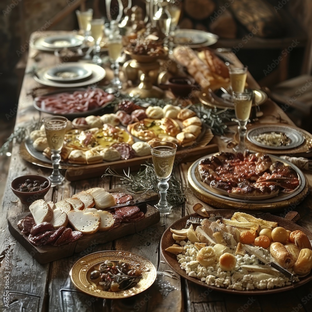 An elegant spread of medieval feast items arranged neatly on a rustic ...