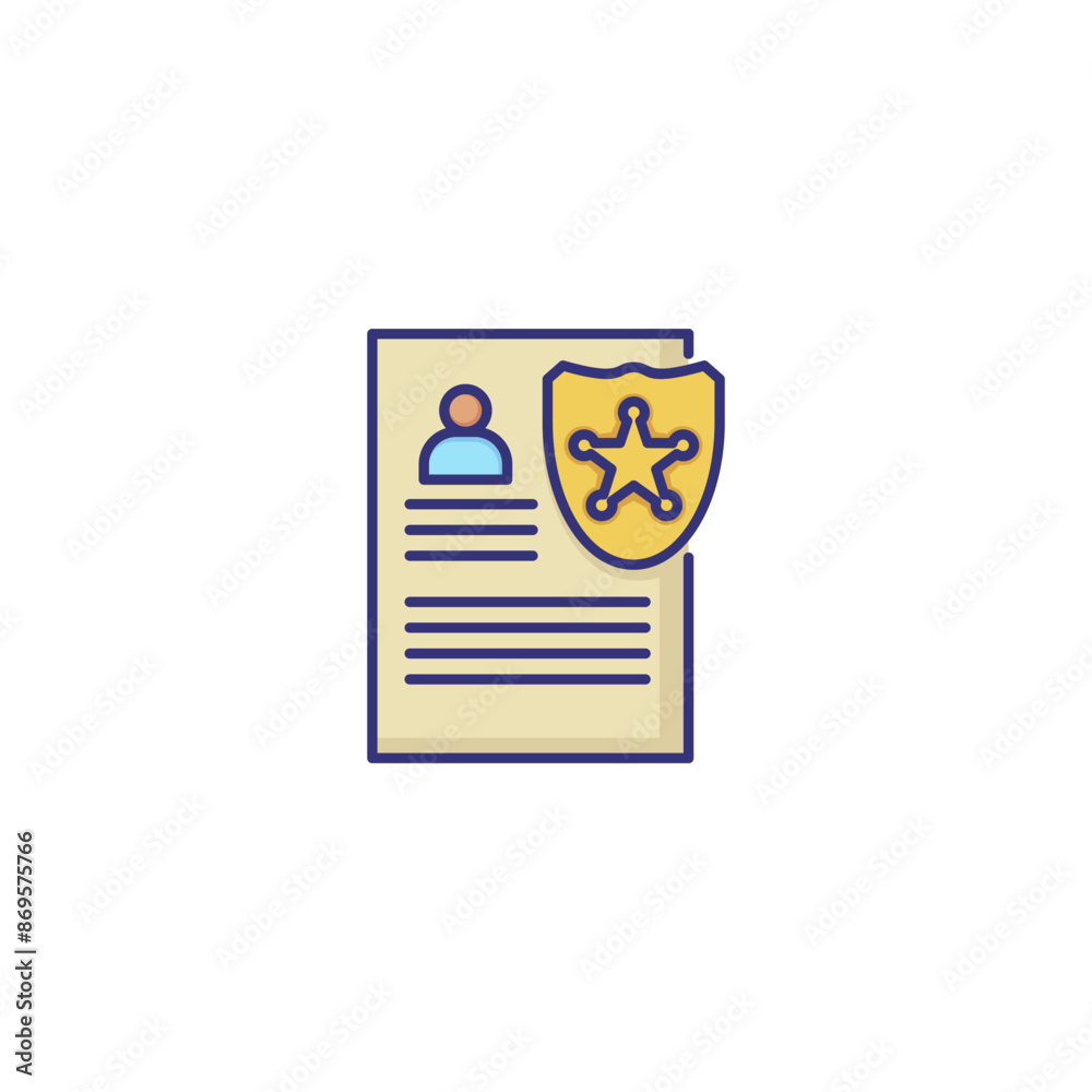 Police badge with document line icon. Warrant, police report, subpoena ...
