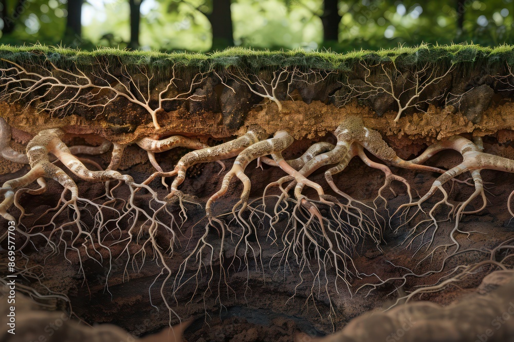 Complex network of roots underground, rendered in a hyper-realistic ...
