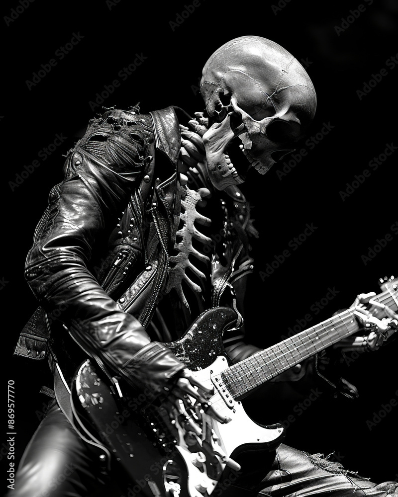skeleton playing guitar in a heavy metal band graphic on a solid black ...