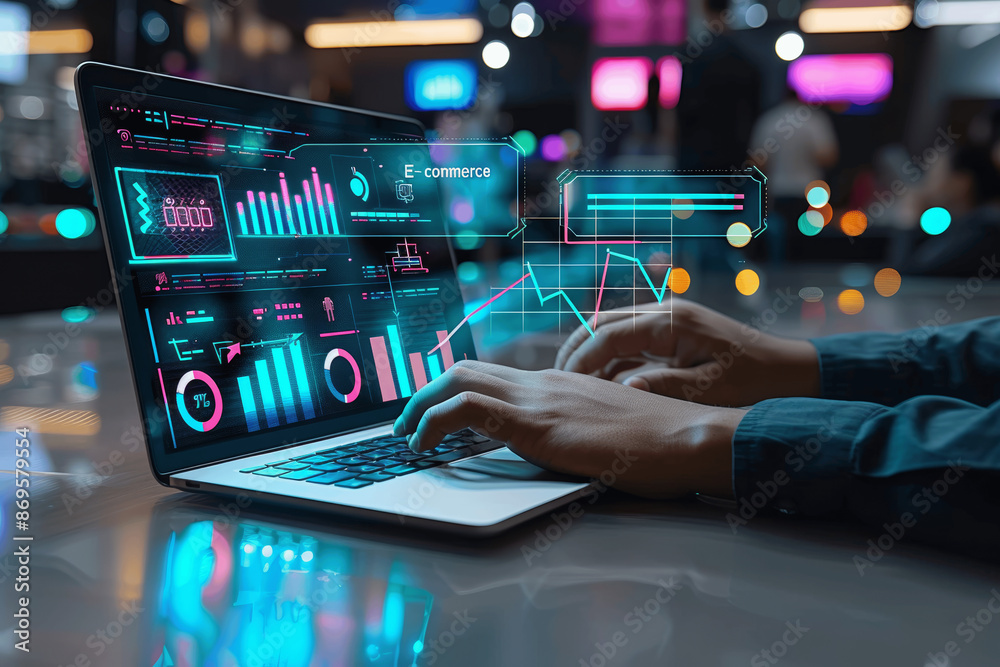 Businessman Using Laptop for 2024 Business Plan with Digital Graphs ...