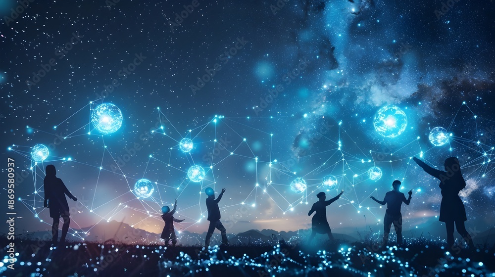 Floating Business Figures Exchanging Glowing Spheres in Starry Cosmic ...