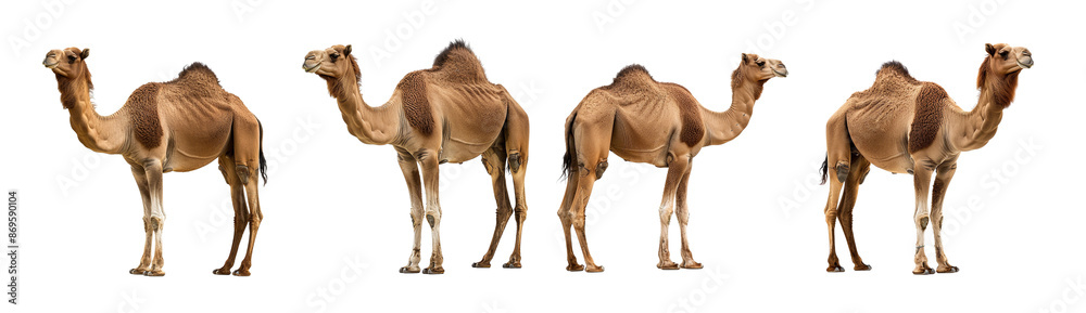 Four camels standing side by side in different position, ruminant tan hump herbivore Stock Photo ...