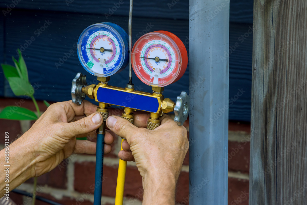 Pressure measurement device of manometers showing high low refrigerant ...