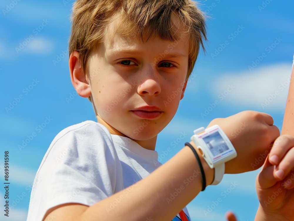 Diabetic boy wearing a continuous glucose monitoring sensor on his arm ...