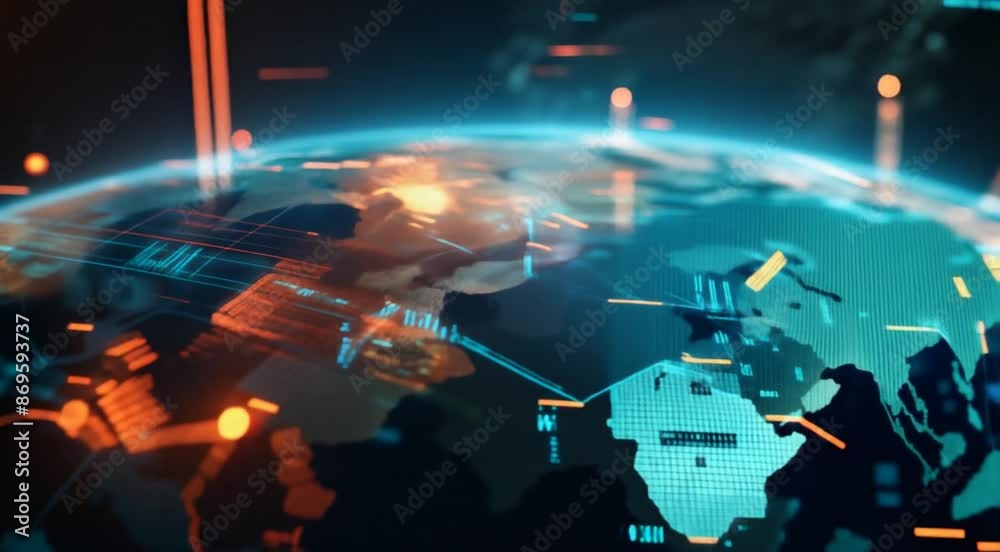 A digital map of the world with glowing lights and data points, giving ...