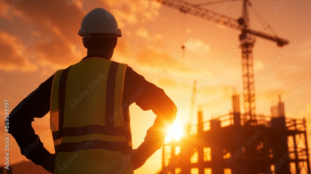 Civil engineer standing with hands on hips, overseeing a large ...
