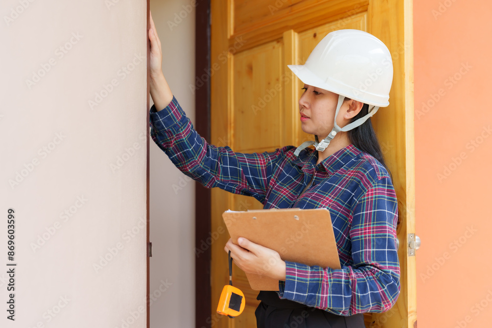 Asian female construction inspector examining house wall. Inspector ...