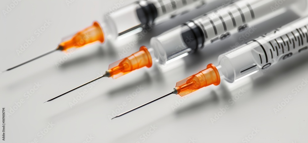 Three syringes with orange tips are lined up on a white background. The ...