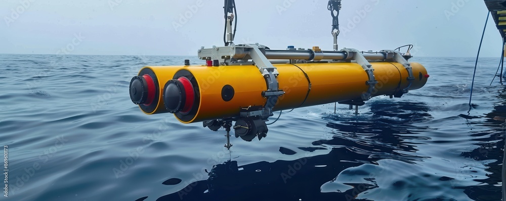 Autonomous Underwater Vehicle In Ocean. A yellow autonomous underwater ...