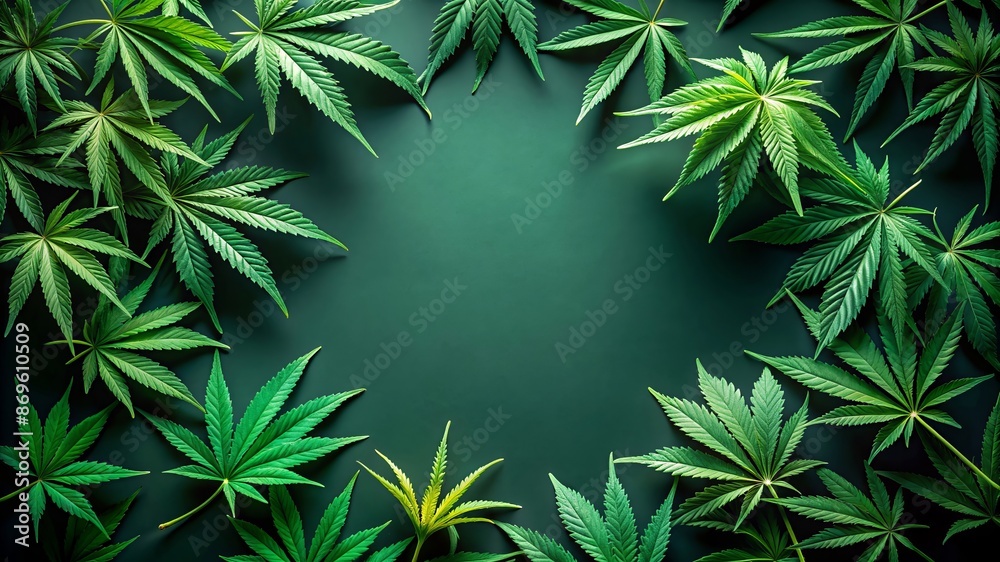 Vibrant Cannabis Leaves Circle Frame on dark green background with ...