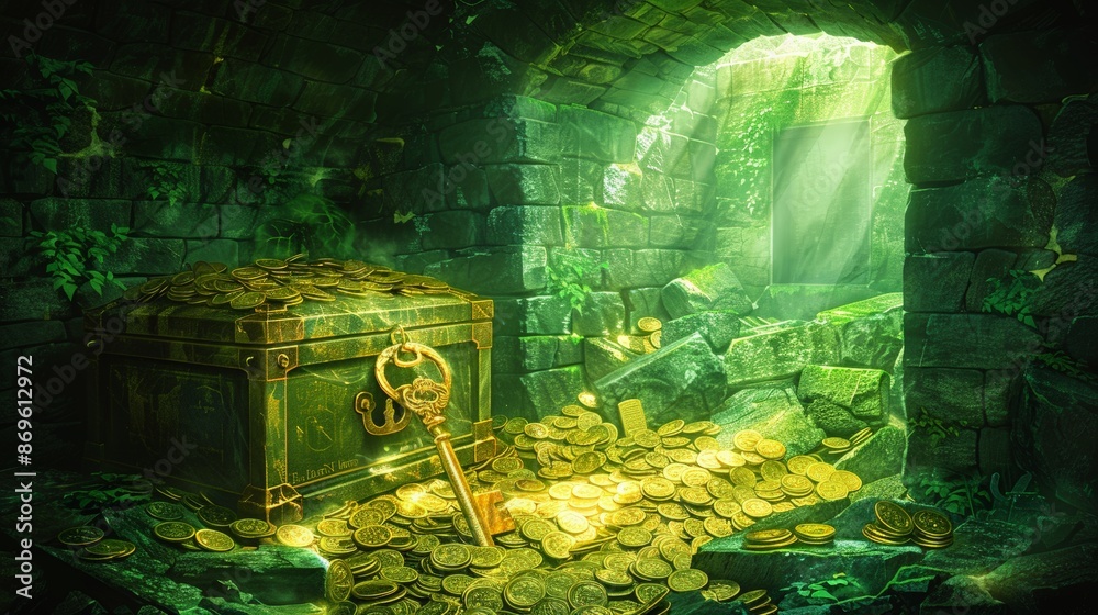 Mystical scene golden key turning in lock ornate treasure chest ...