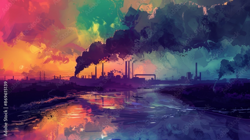 Chemical waste in a river, neon colors indicating pollution ...