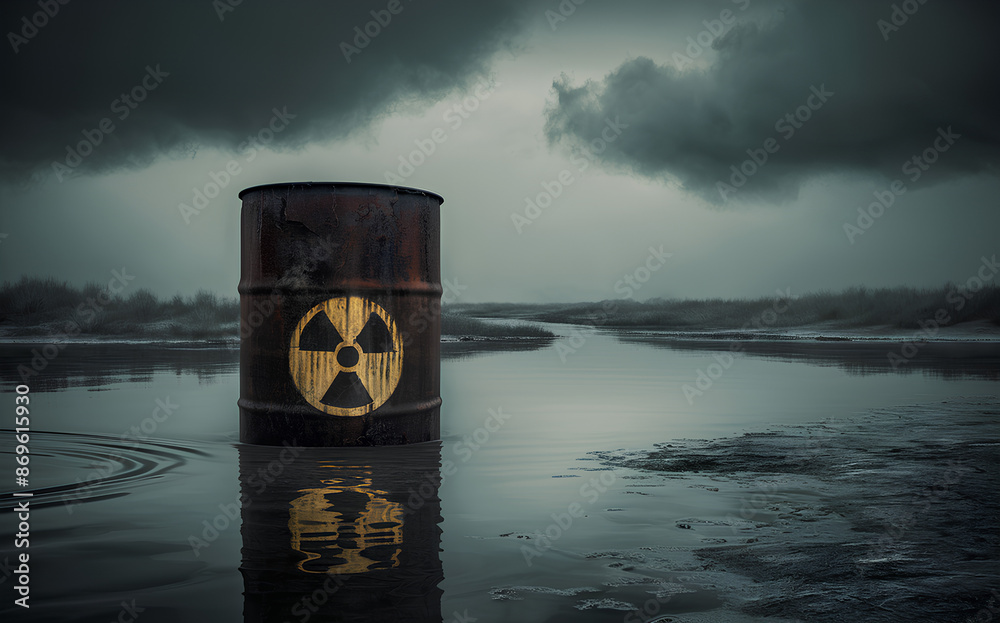 Rusty Radioactive Barrel in Polluted Water with Dark Clouds. A chilling ...