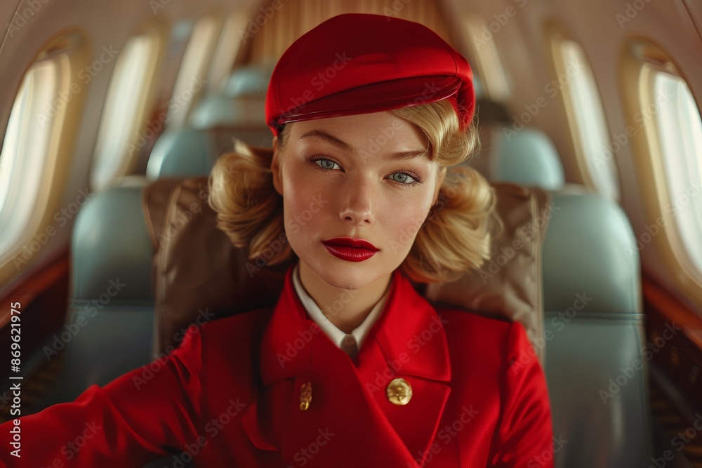 Flight attendant in classic red uniform, sitting inside airplane. Her ...
