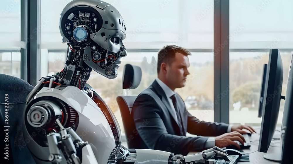 Business man working with AI artificial intelligence humanoid robot in ...