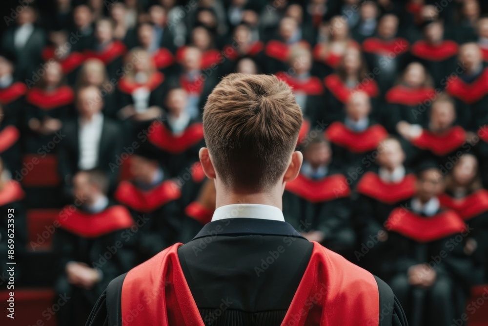 Graduate standing before a large audience in a ceremony, wearing ...