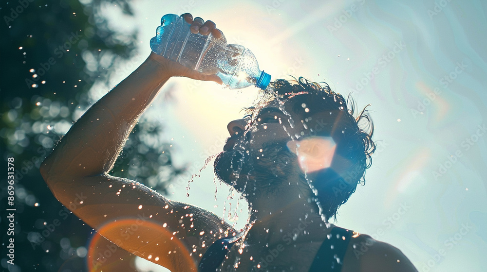 Heat stroke - Man pouring water from plastic bottle on his head in hot ...