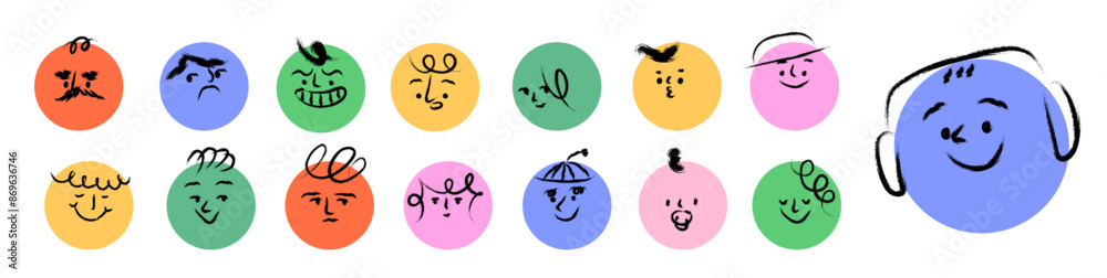 Round abstract comic faces design with different feelings and emotions ...
