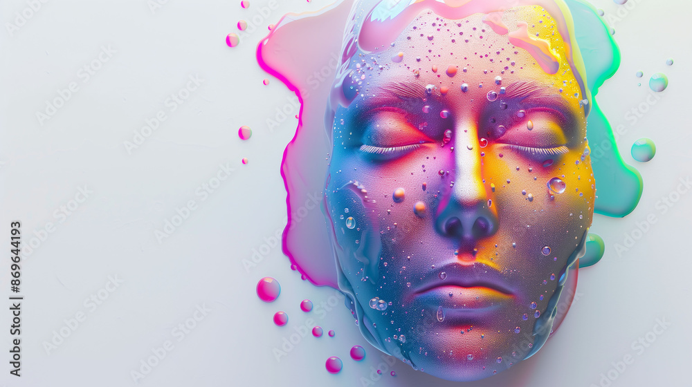 A colorful face with a splash of paint on it. The face is painted in a ...