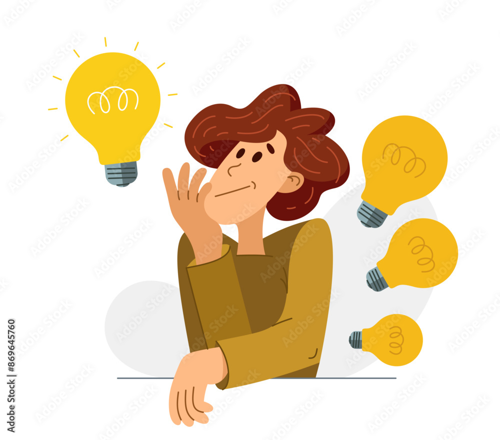 Young boy having a lot of ideas and choosing best one to solve some ...