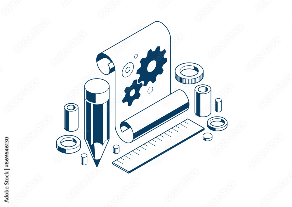 Mechanical engineering project concept, engine draft plan drawing ...